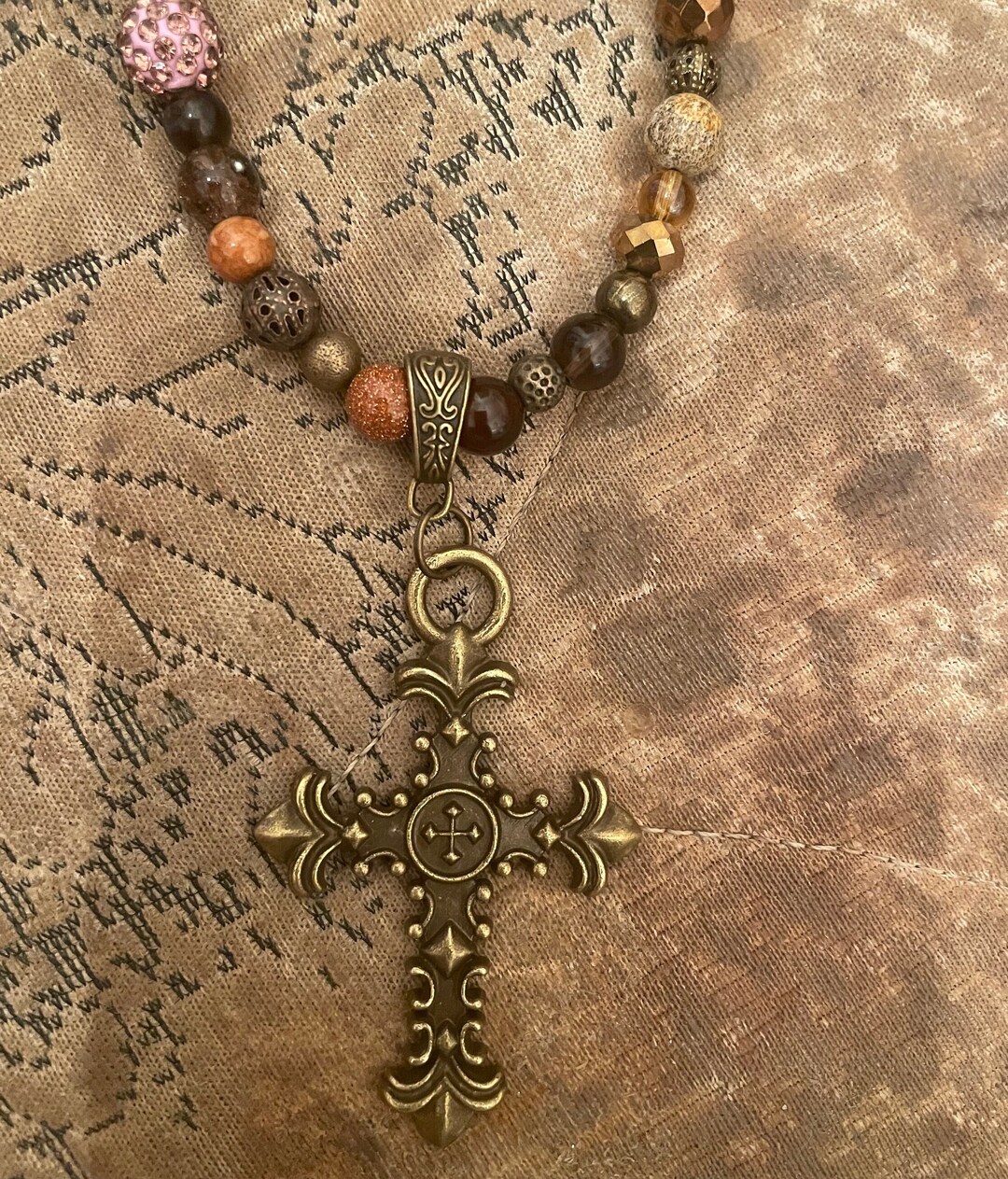 Retro Antique Bronze Victorian Filigree Cross Pendant Jasper Hematite ...