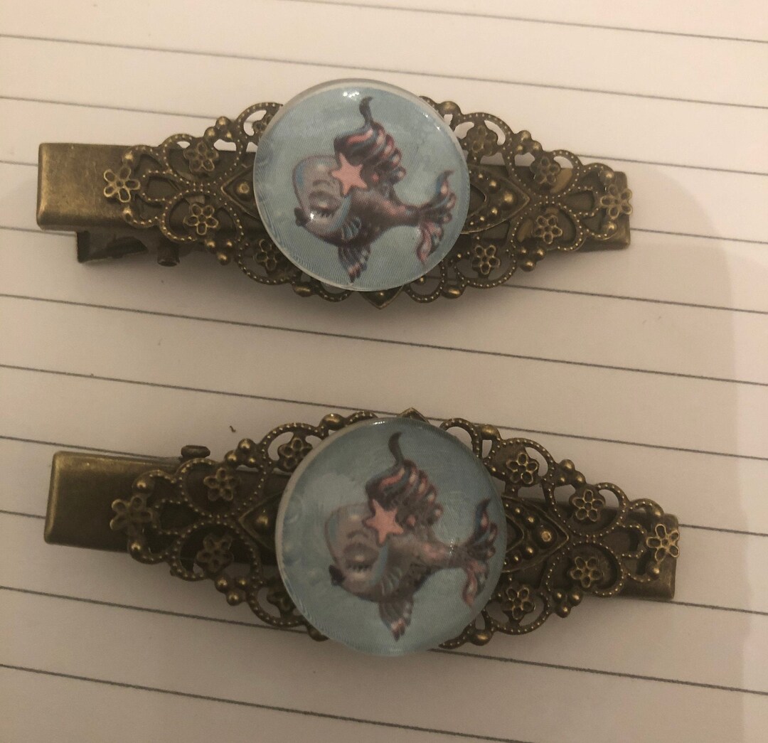Two (2) Retro Blue Mythical Guppy Seahorse Seashell Vintage Filigree ...