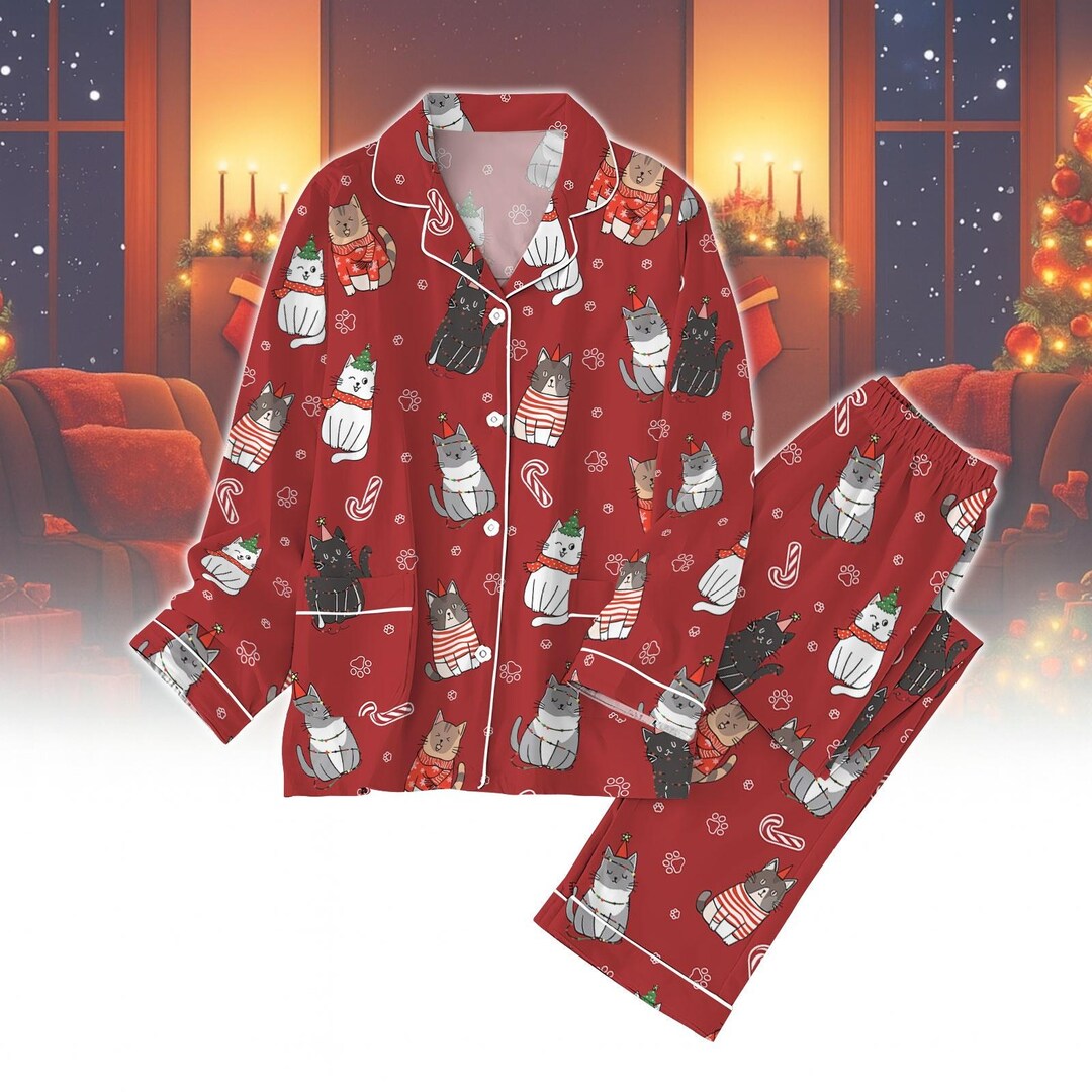 Red Cat Christmas Pajamas, Funny Cat Lover Pajamas, Cozy Holiday ...
