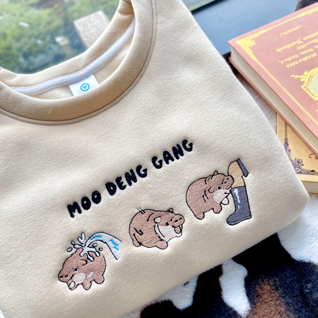 Moo Deng Gang Embroidered Sweatshirt, Cute Baby Hippo Crewneck Hoodie ...