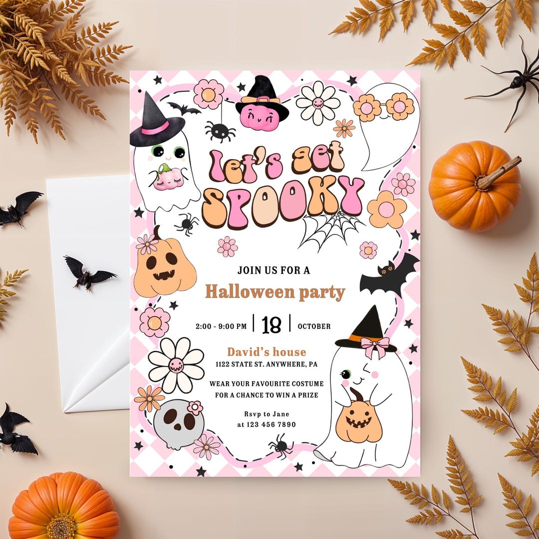 Let's Spooky Invitation, Halloween Ghost Party Invite, Cute Pink Ghost ...