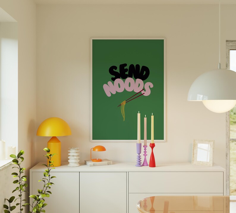 Send Noods Art, Retro Noodles Print, Pink Green Noodle Wall Art, Asian ...