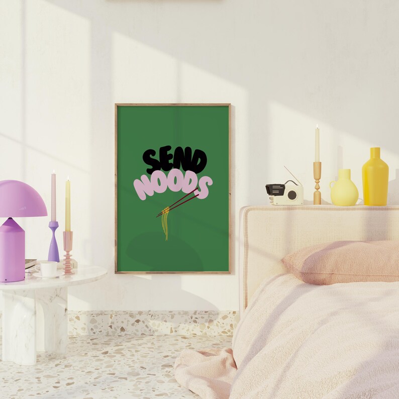 Send Noods Art, Retro Noodles Print, Pink Green Noodle Wall Art, Asian ...