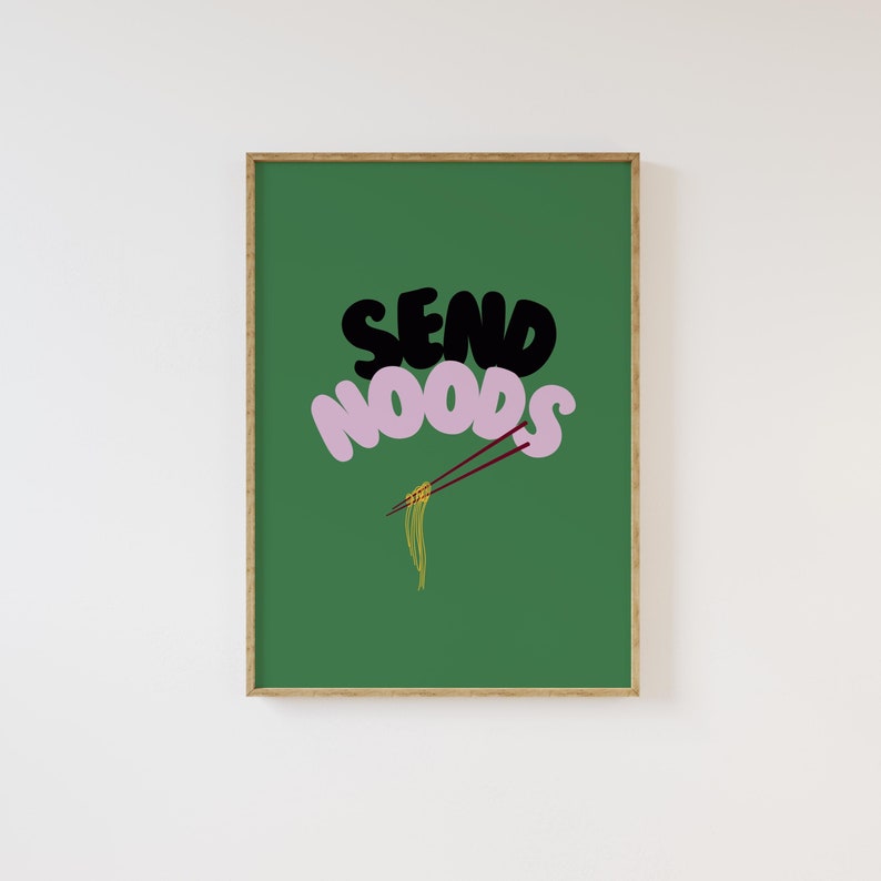 Send Noods Art, Retro Noodles Print, Pink Green Noodle Wall Art, Asian ...