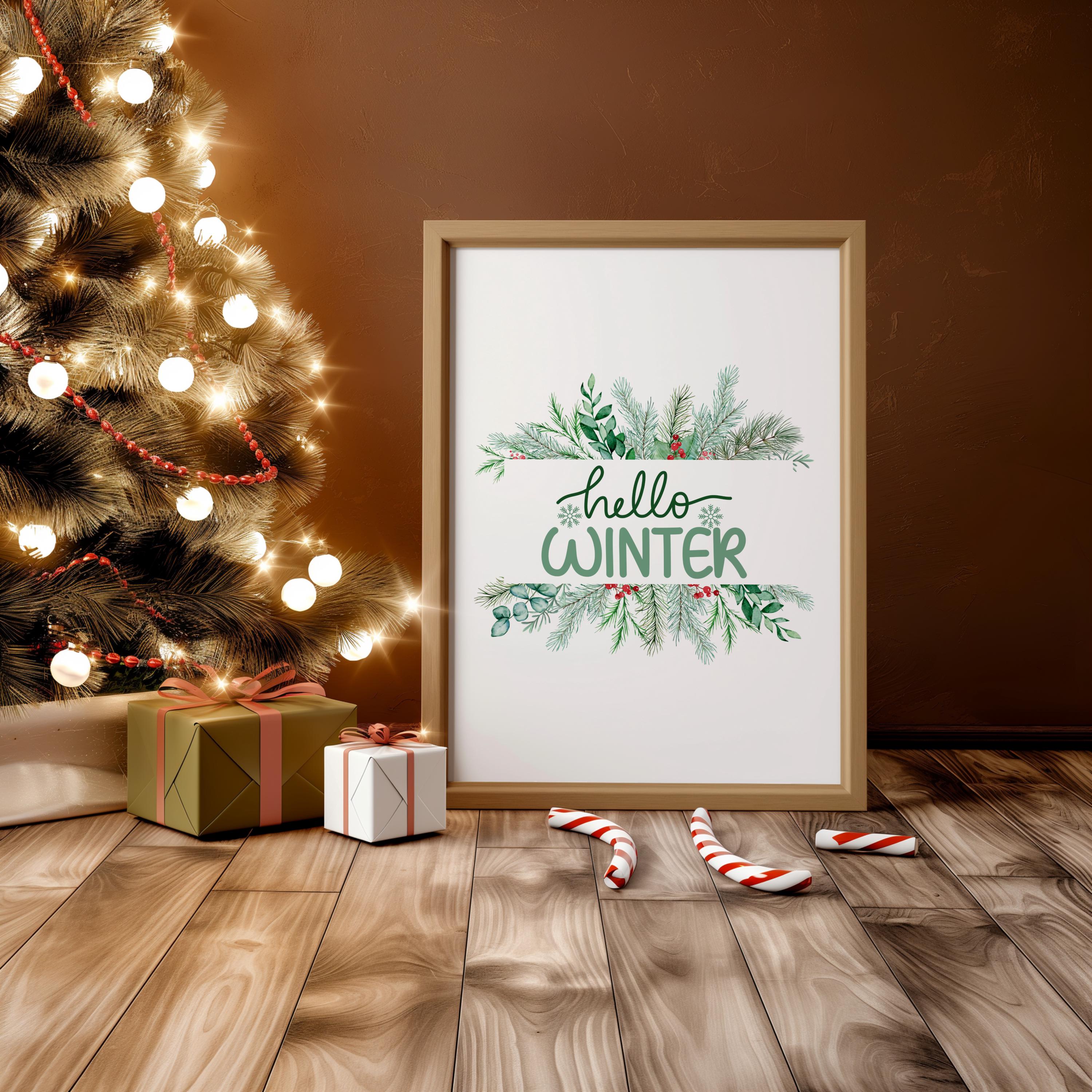 Hello Winter Digital Art Print, Botanical Christmas Poster, Festive ...