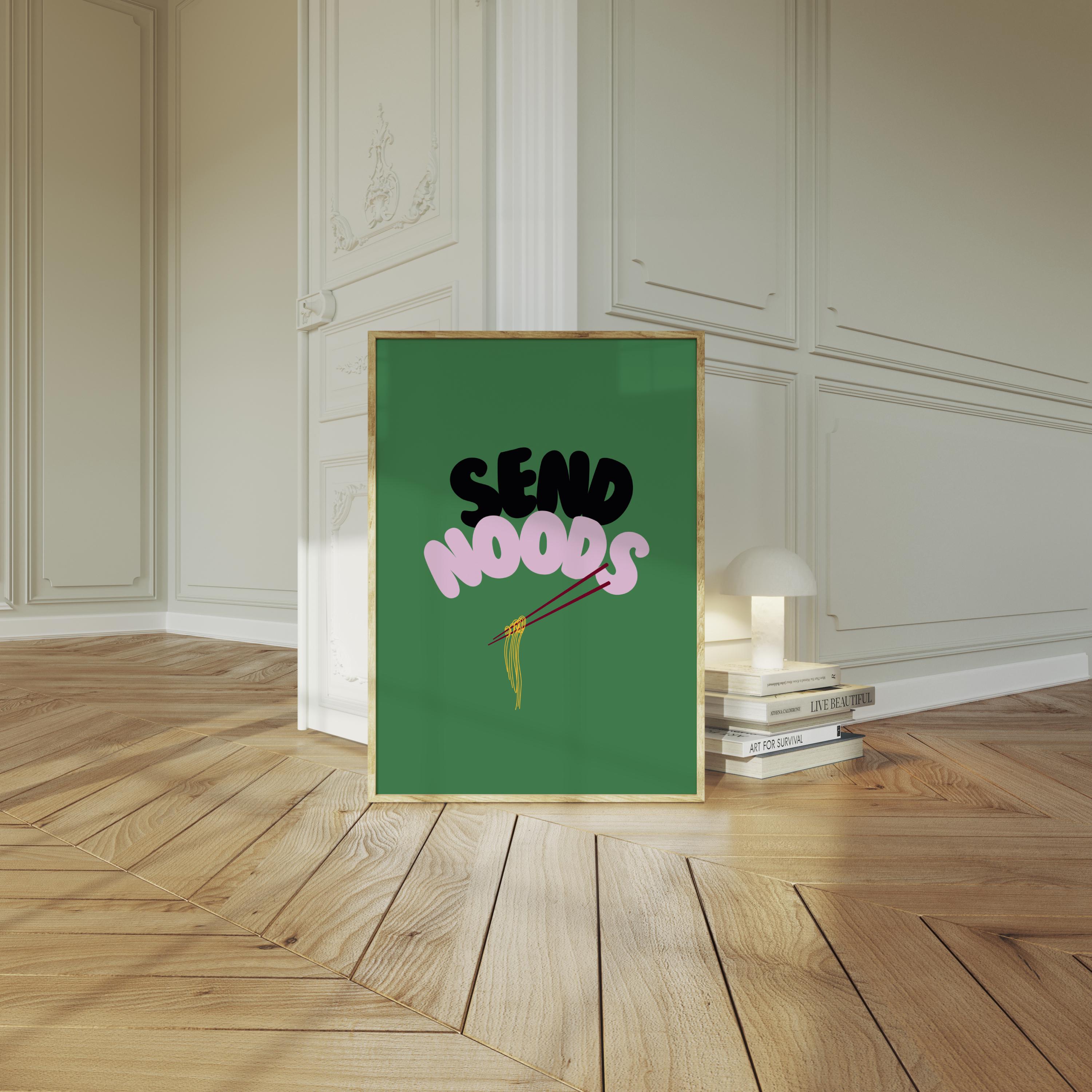 Send Noods Art, Retro Noodles Print, Pink Green Noodle Wall Art, Asian ...