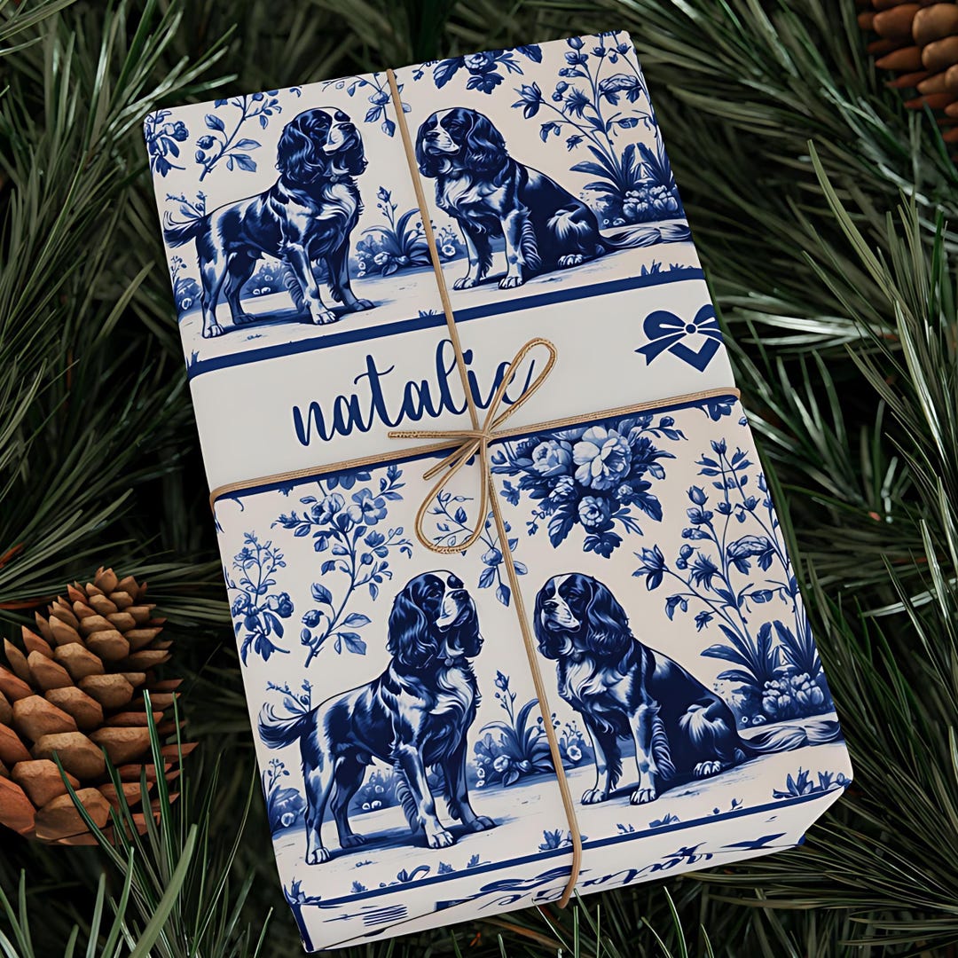 Personalized Cavalier King Charles Spaniel Wrapping Paper, Toile Floral ...