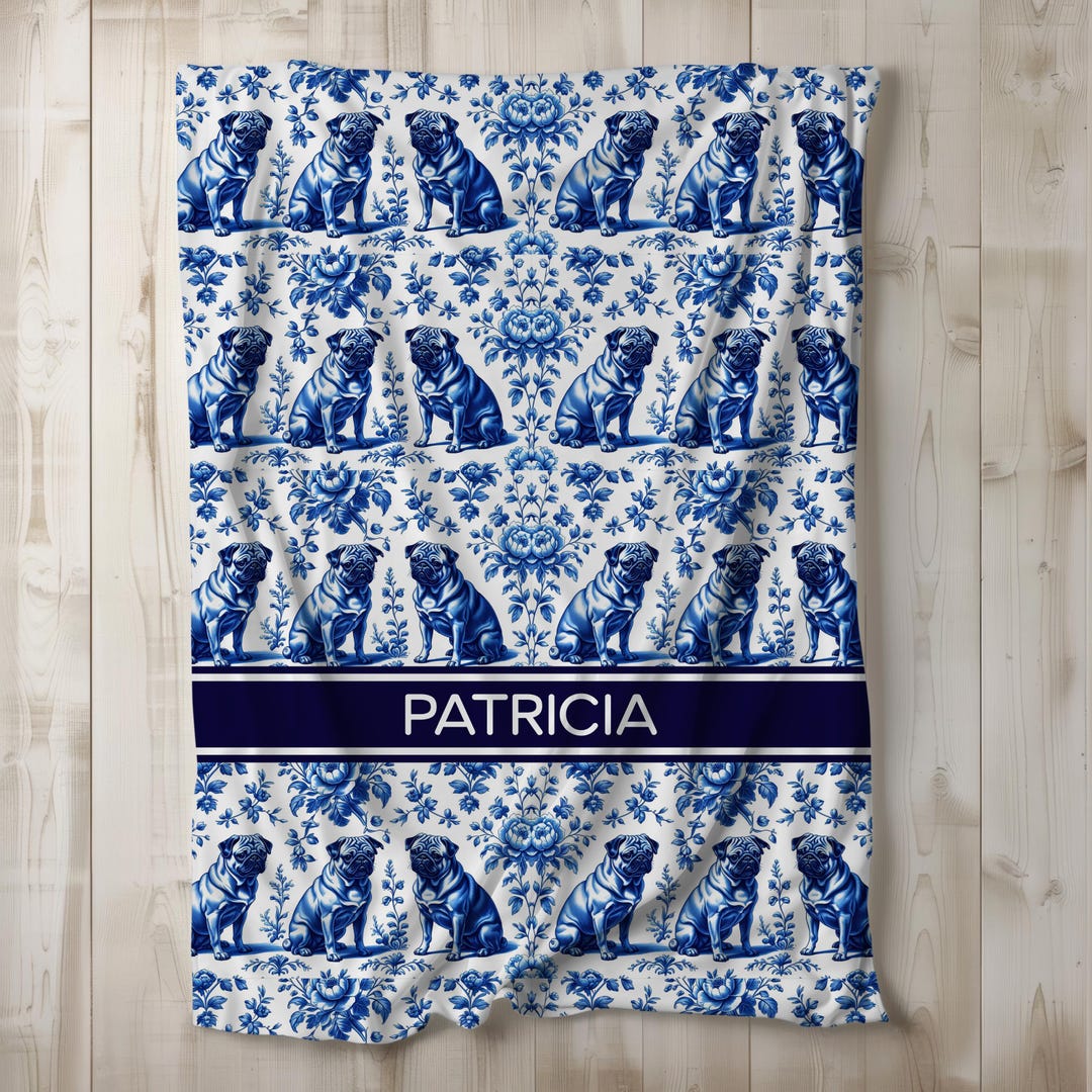 Pugs Custom Blanket French Toile, Custom Name Blue Toile Dog Blanket ...