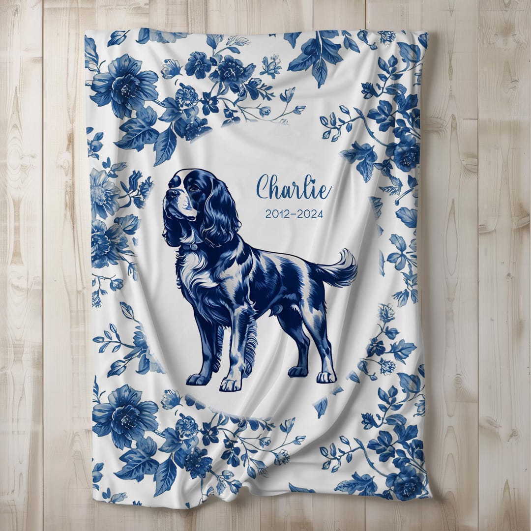 Cavalier King Charles Spaniel Custom Blanket, Custom Name Blue Toile ...