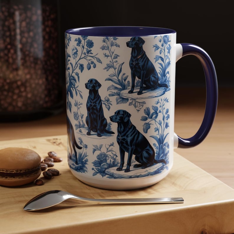 Black Labrador Dogs French Toile De Jouy Mug, Elegant Blue Toile Coffee ...