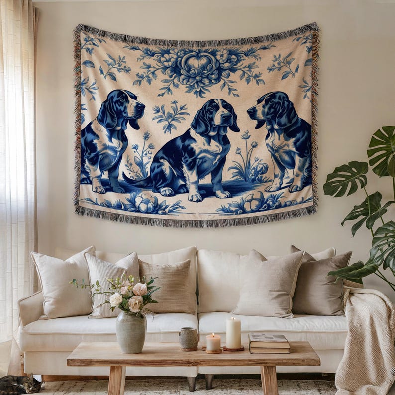 Basset Hounds French Toile Woven Throw Blanket, Floral Tapestry With ...