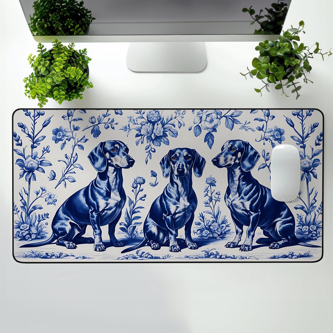 Dachshund Dogs Desk Mat, Blue Toile Dog Desk Mat, Dog Lover Gift, Large ...