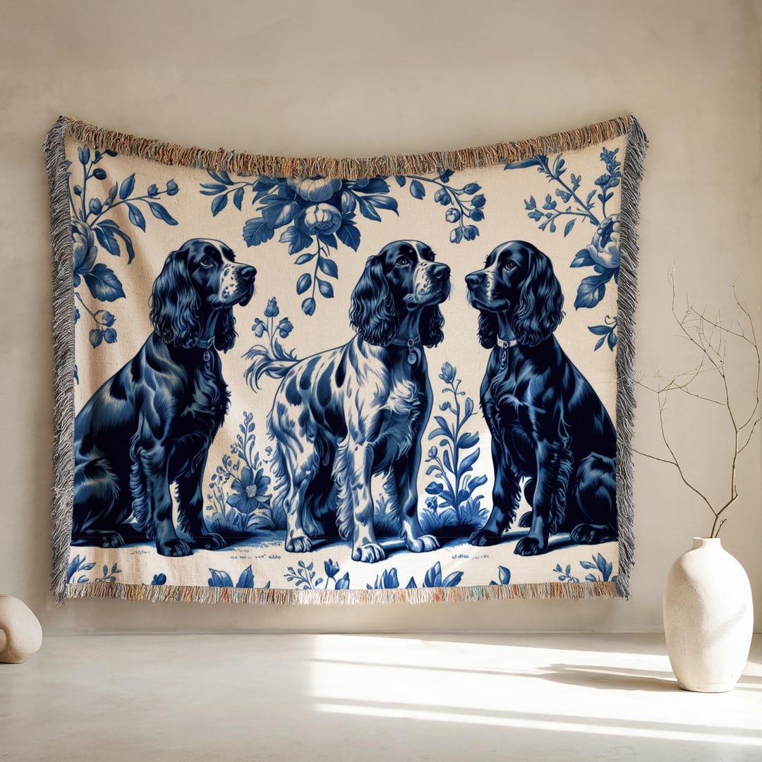English Springer Spaniels French Toile Woven Throw Blanket, Floral ...