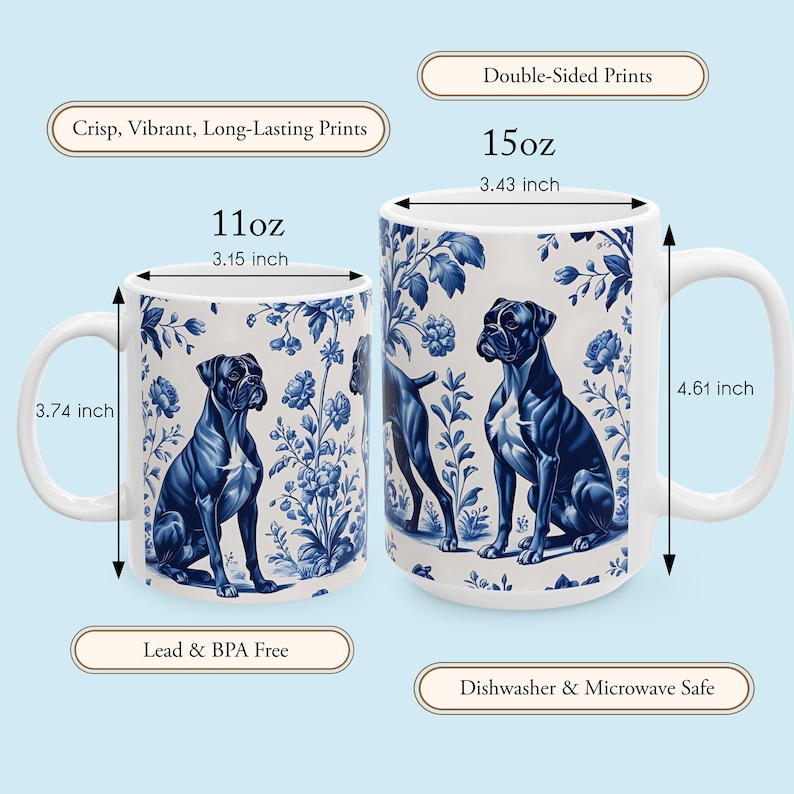 Boxer Dogs French Toile Mug, Blue Toile Coffee Cup for Boxer Mom, Boxer ...