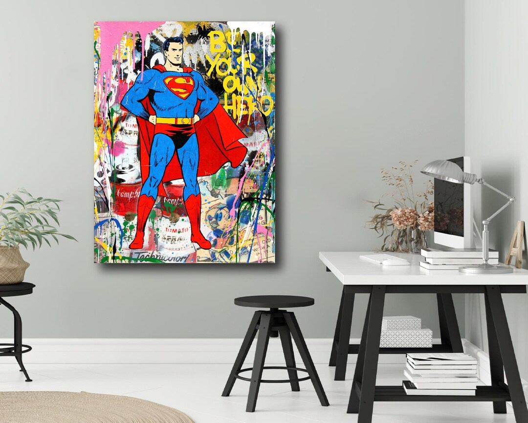 Superman Graffiti Canvas Poster Print, Banksy Cartoon Wall Art, Cartoon ...