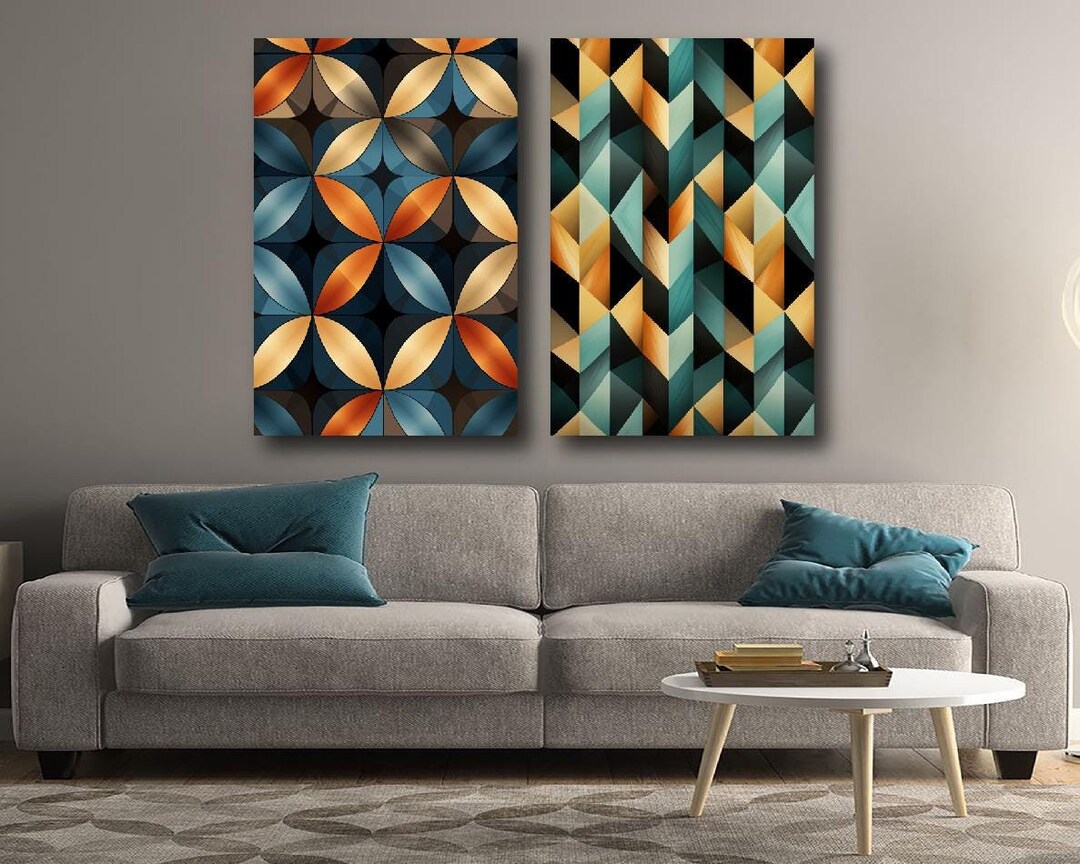 Luxurious Geometric Pattern Canvas Poster Print Set of 2, Jewel-toned ...