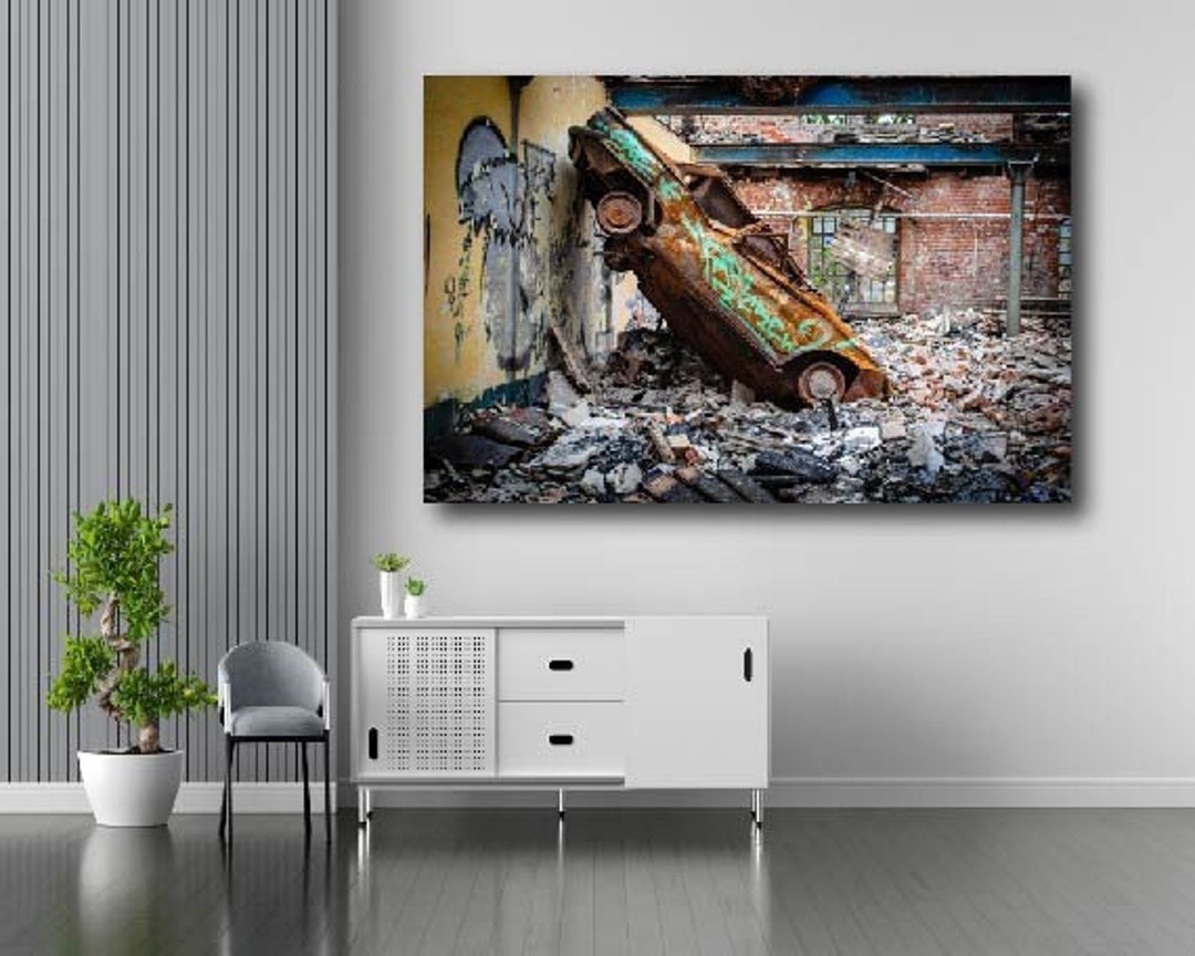 Vintage Sports Car Graffiti, Banksy Car Street Art, Abandoned Car in a ...