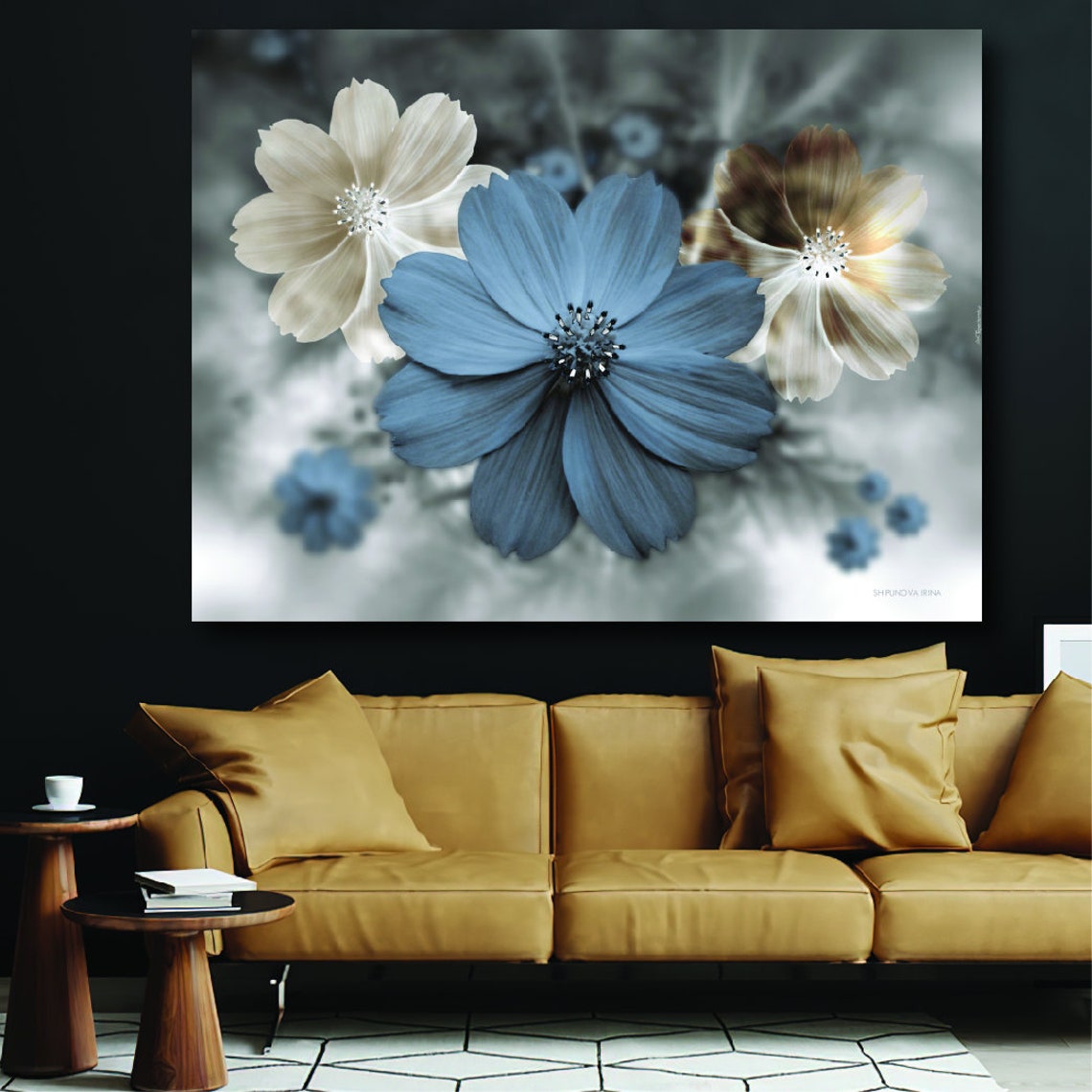 Abstract Modern Flower, Wall Art Poster, Large Blue Botanical Flower ...