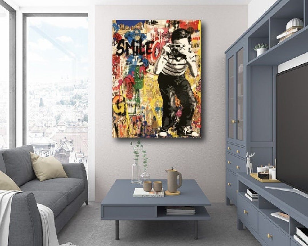 Boy Taking Photos Banksy Canvas Poster Print, Boy With Camera Graffiti ...