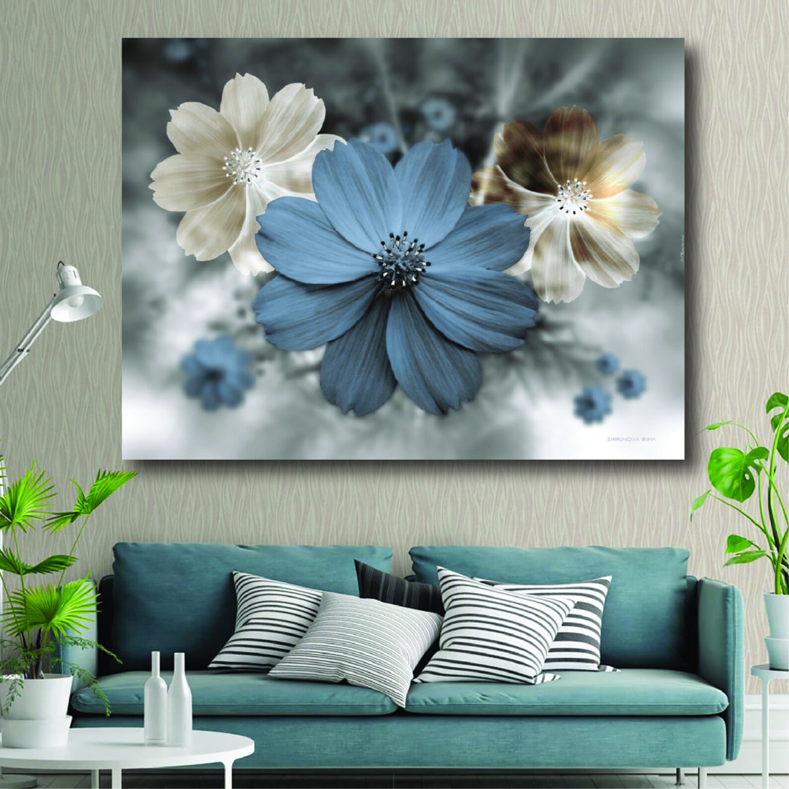Abstract Modern Flower, Wall Art Poster, Large Blue Botanical Flower ...