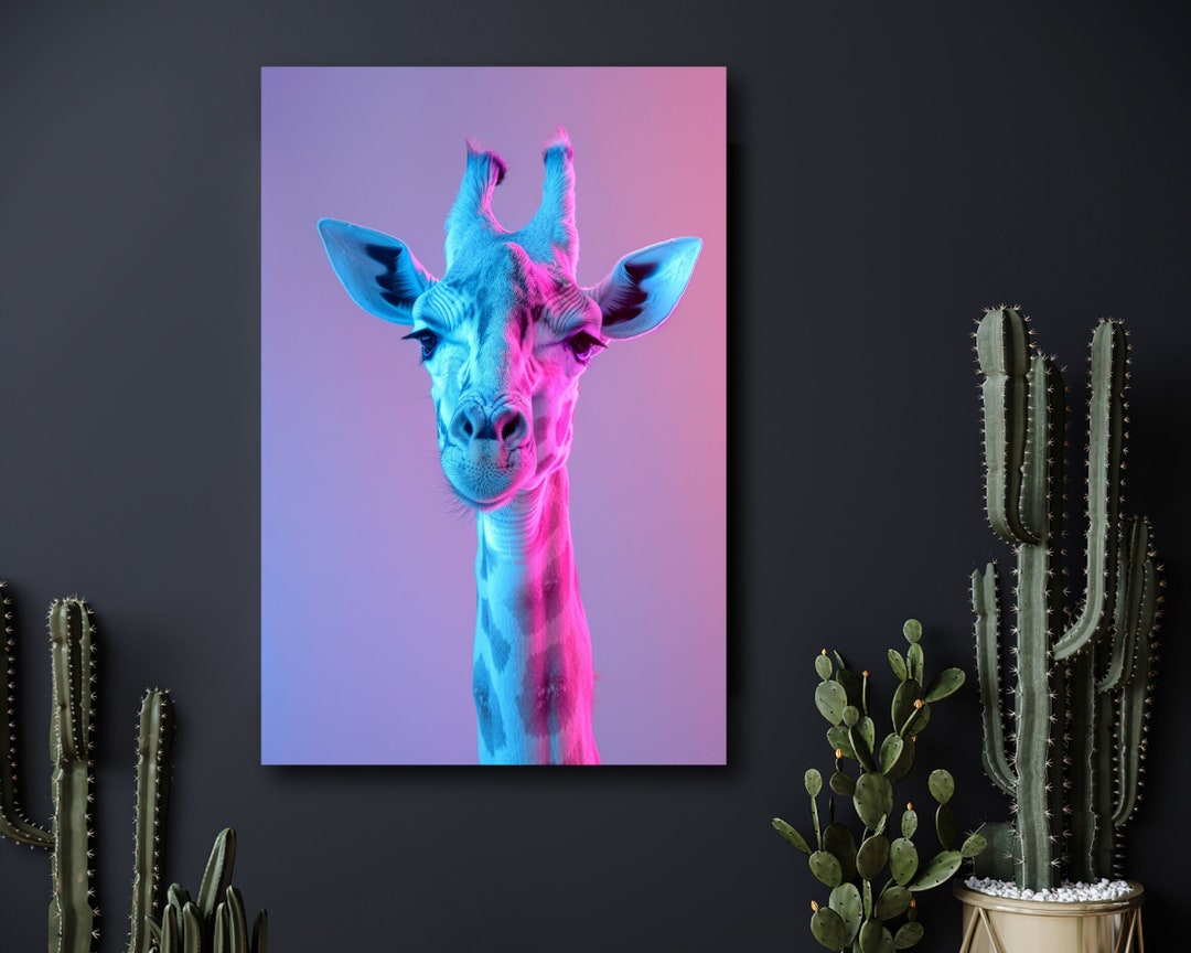 Giraffes in Neon Lights Canvas Poster Print, Neon Lights Giraffe, Neon ...