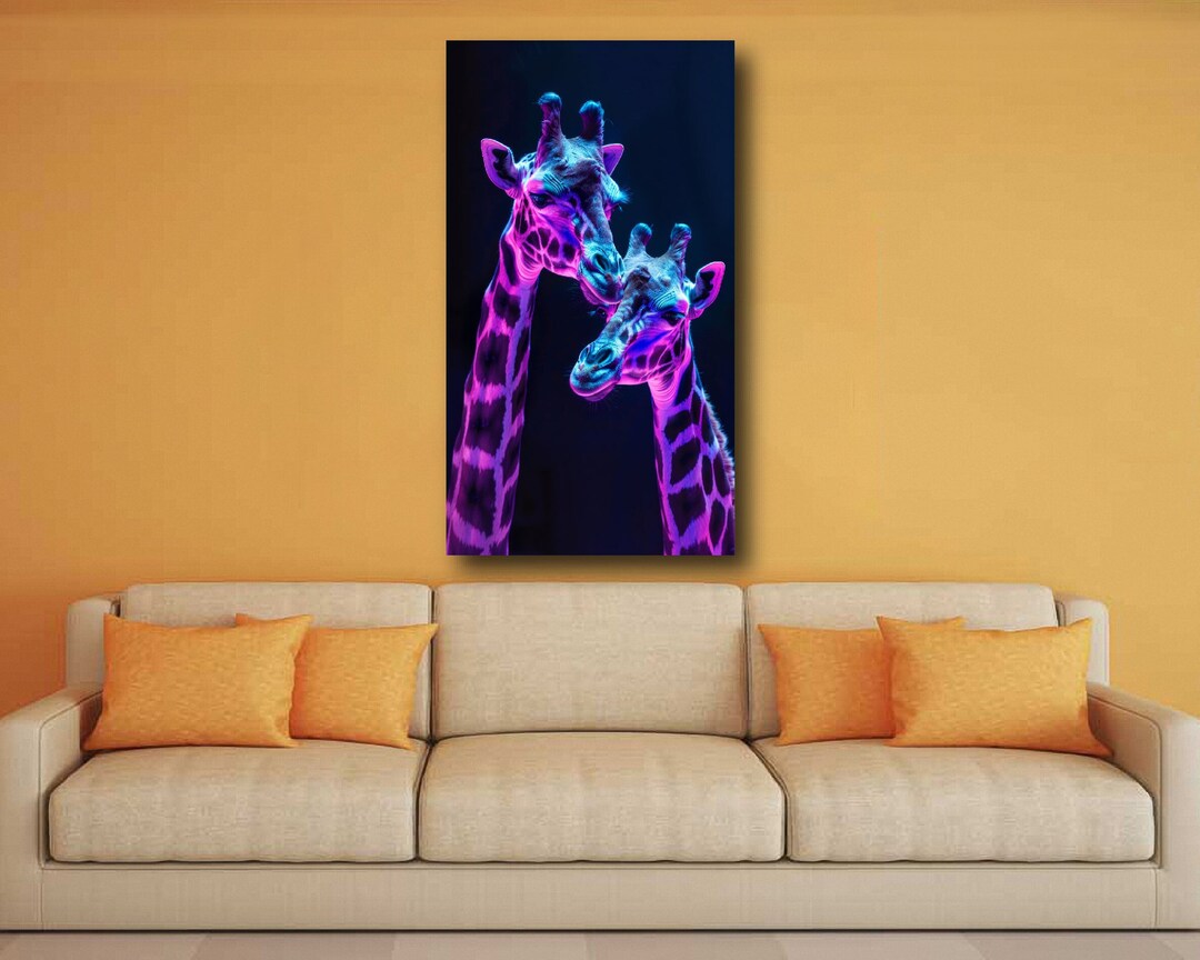 Giraffes in Neon Lights Canvas Poster Print, Neon Lights Giraffe, Neon ...