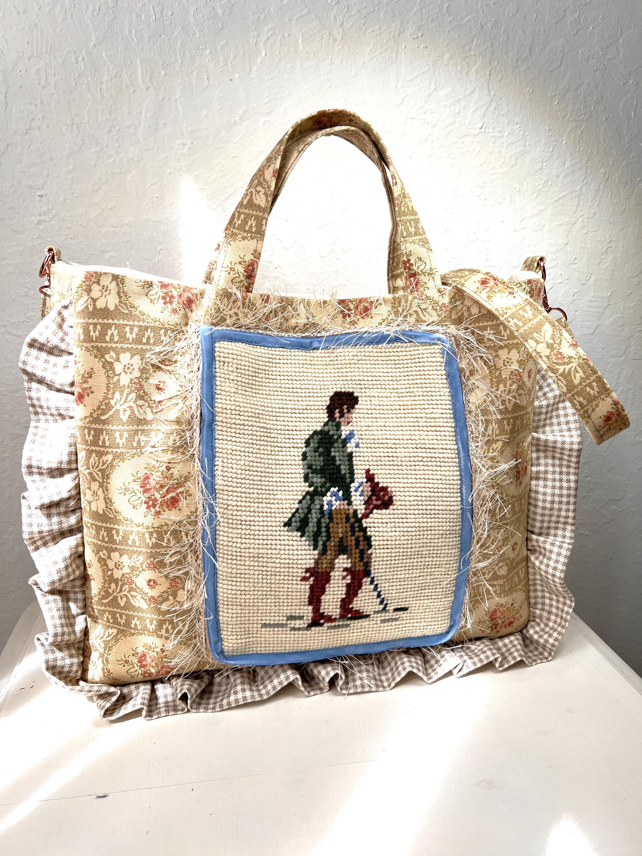 Ruffled Handbag Featuring Vintage Needlepoint Panels and Decorator ...