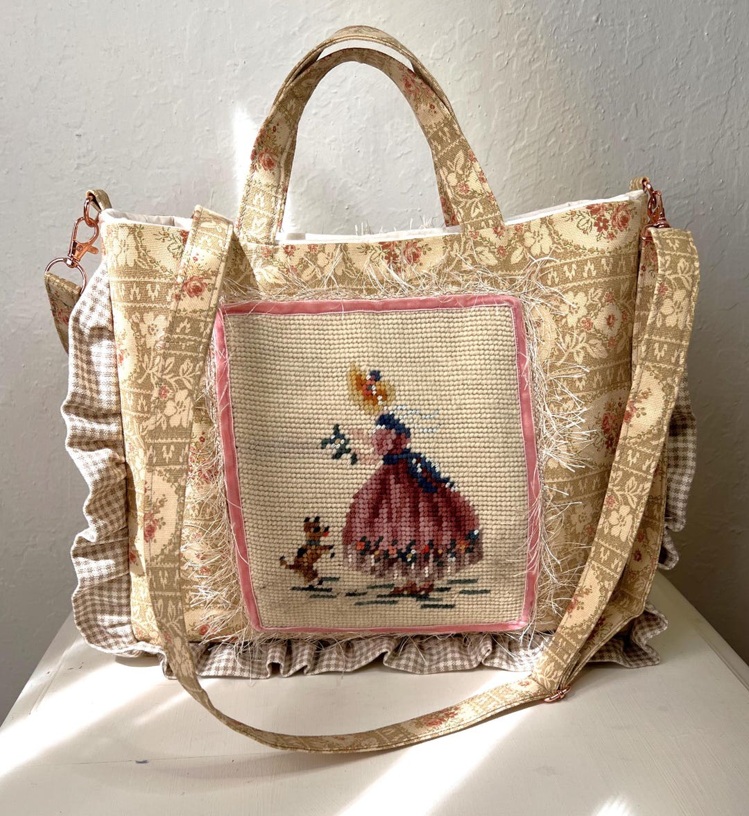 Ruffled Handbag Featuring Vintage Needlepoint Panels and Decorator ...