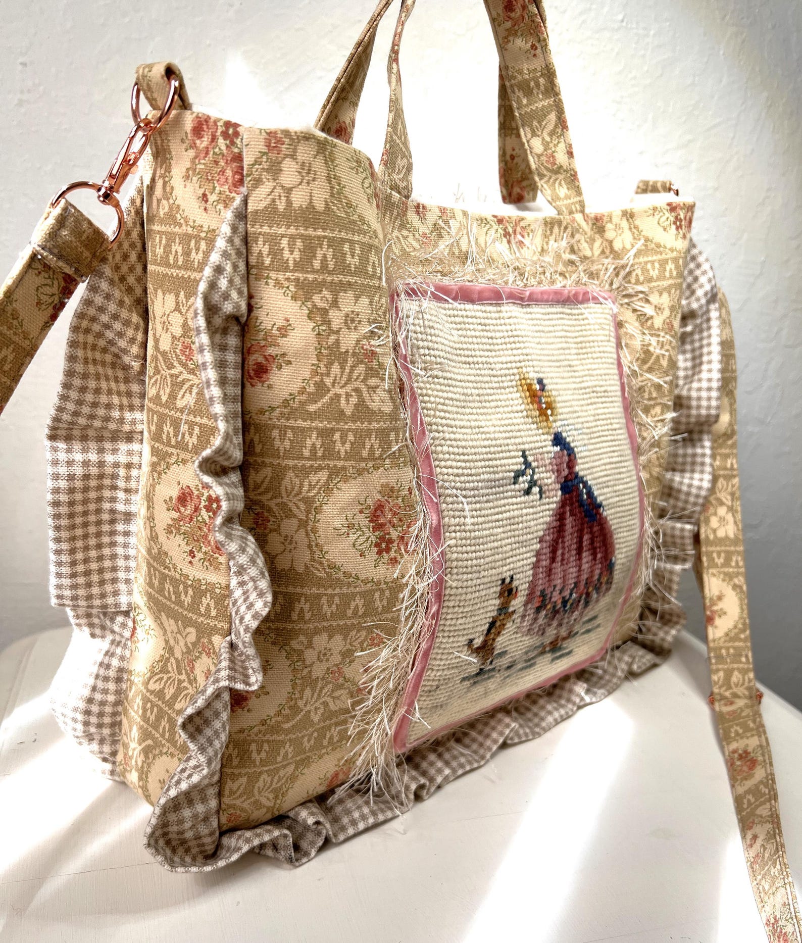 Ruffled Handbag Featuring Vintage Needlepoint Panels and Decorator ...