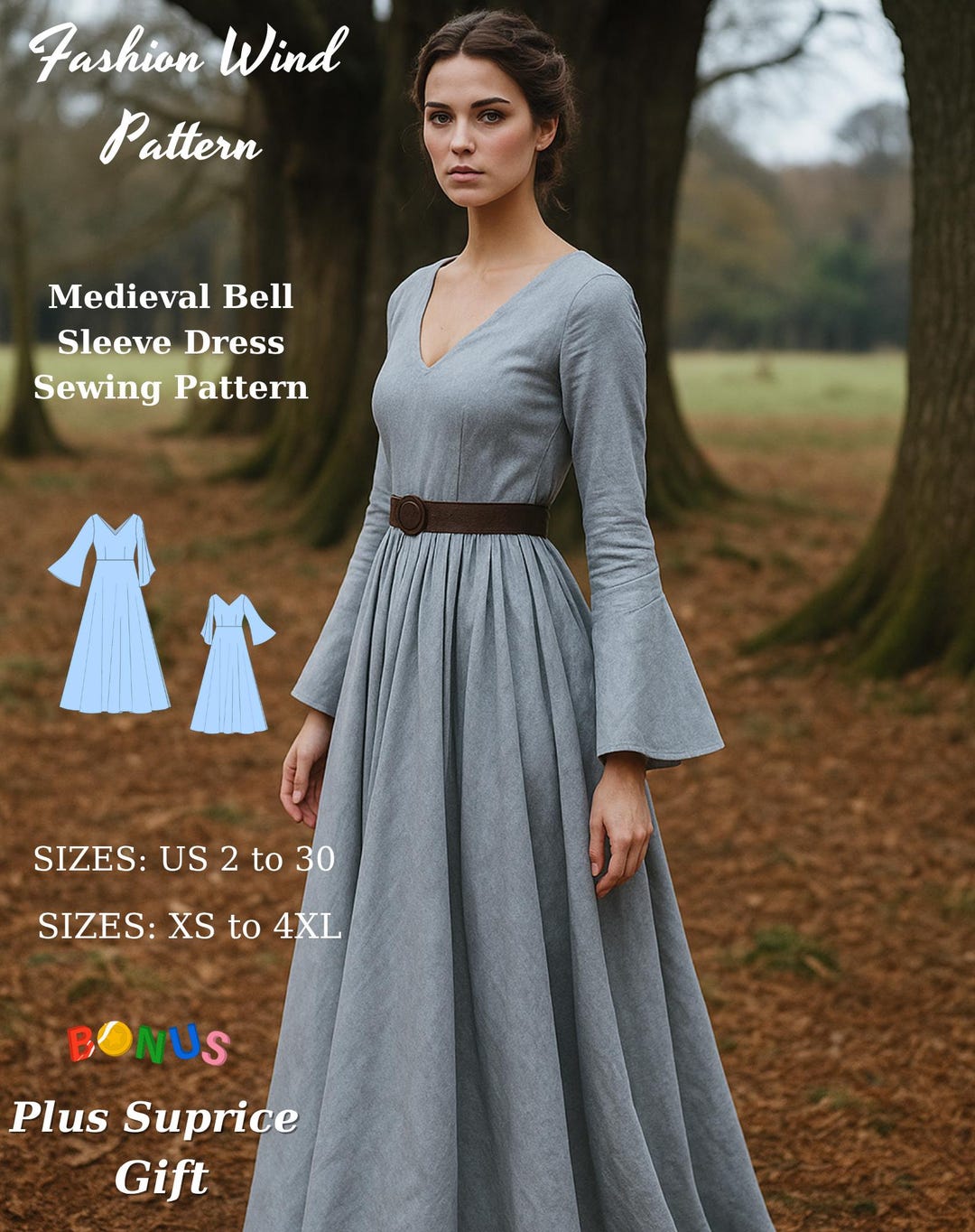 Light Blue Medieval Bell Sleeve Dress: Renaissance Gown Sewing Pattern ...