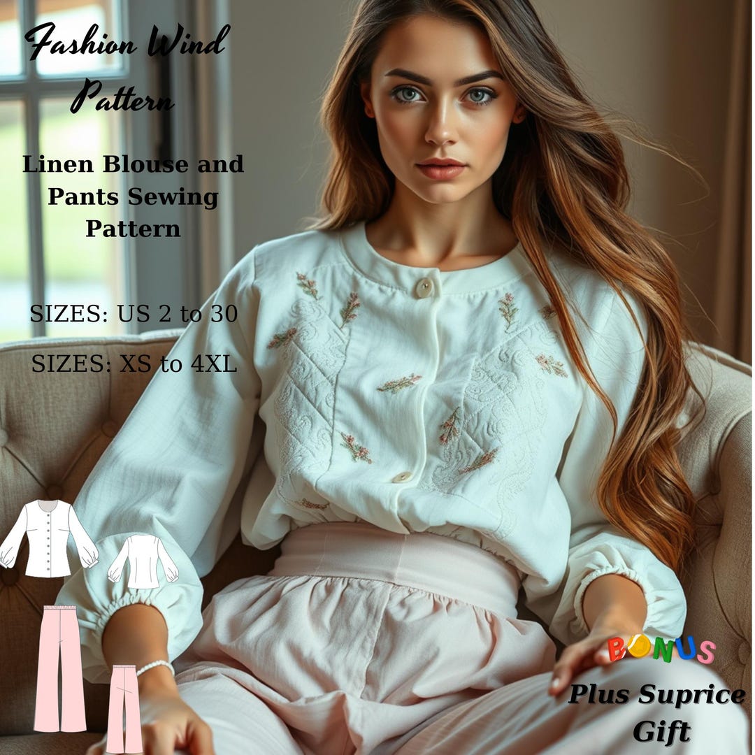 Linen Blouse and Pants Sewing Pattern: Button Front, Circle Neck ...