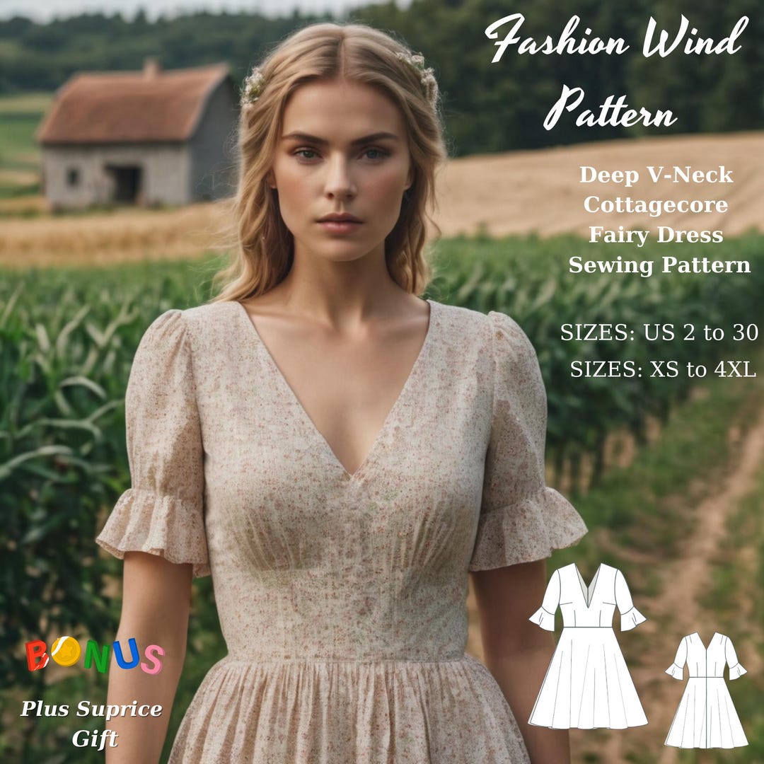 Deep V Neck Cottagecore Fairy Dress Cottagecore Dress Sewing Pattern ...