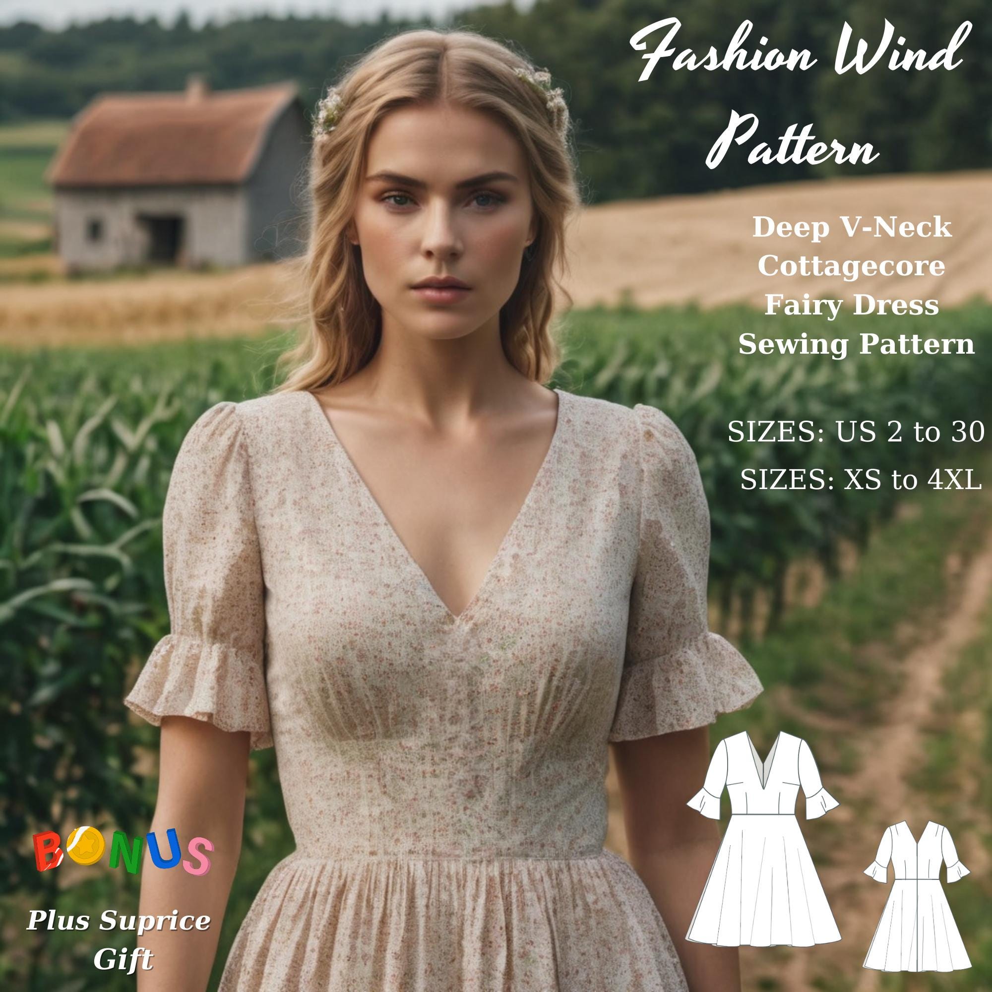 Deep V Neck Cottagecore Fairy Dress Cottagecore Dress Sewing Pattern ...