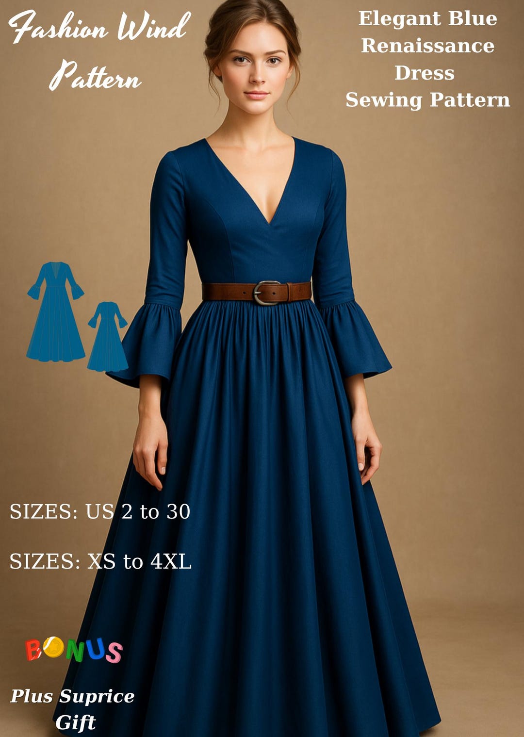 Blue Renaissance Gown Sewing Pattern: Medieval Cosplay Dress (PDF ...