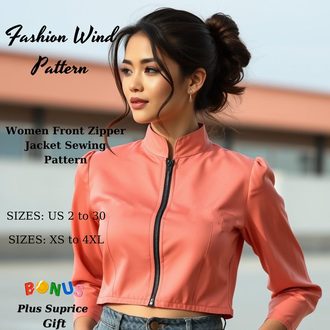 Women Front Zipper Jacket Sewing Pattern, Long Sleeve Crop Top, Crop ...