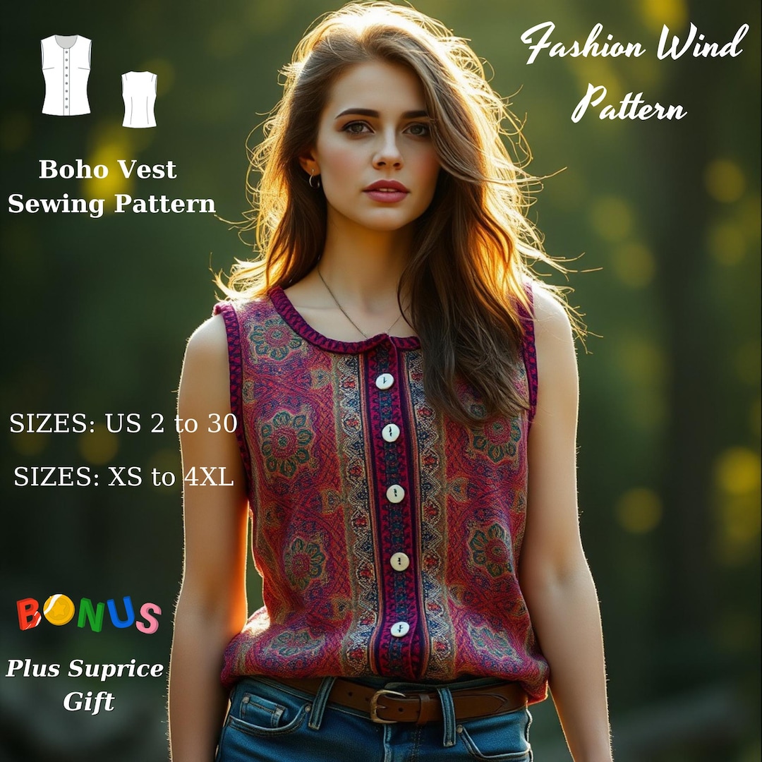 Boho Vest Sewing Pattern, Boho Style Vest, Women's Vest Sewing Pattern ...