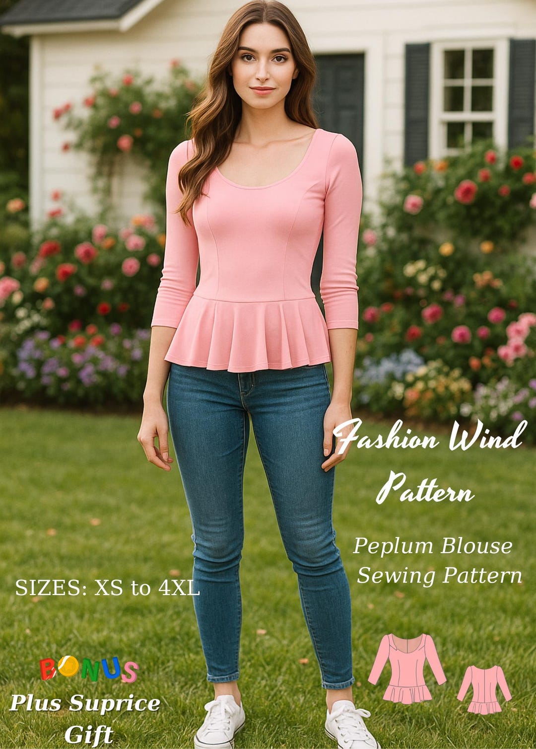 Peplum Blouse Sewing Pattern: Easy 3/4 Sleeve Design (PDF Pattern, XS ...