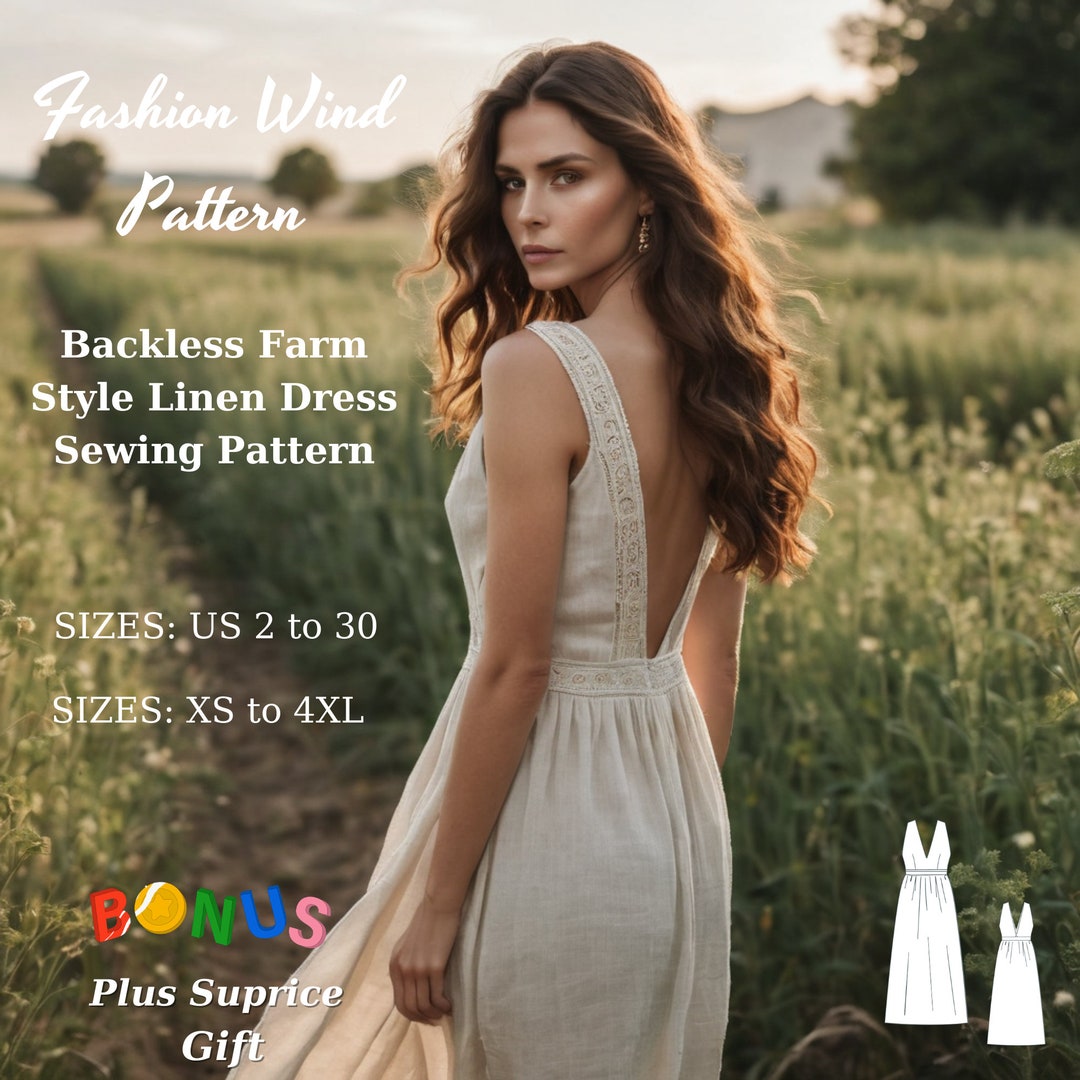 Backless Linen Dress Sewing Pattern: Farm Style Cottagecore (XS-4XL ...