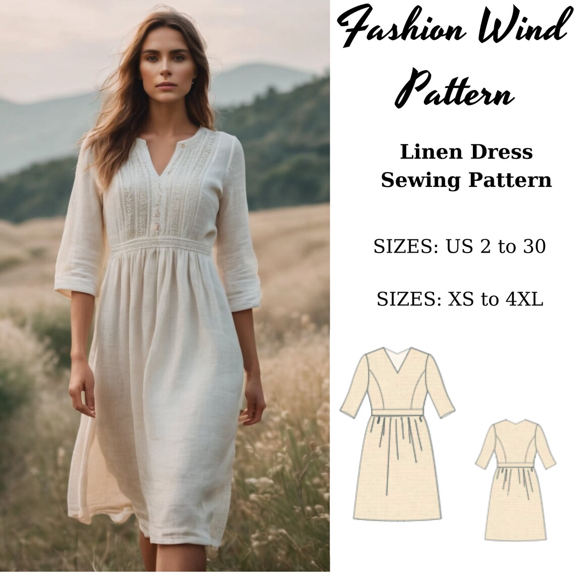 Linen Dress Sewing Pattern, Cottagecore Dress Sewing Pattern, Linen ...