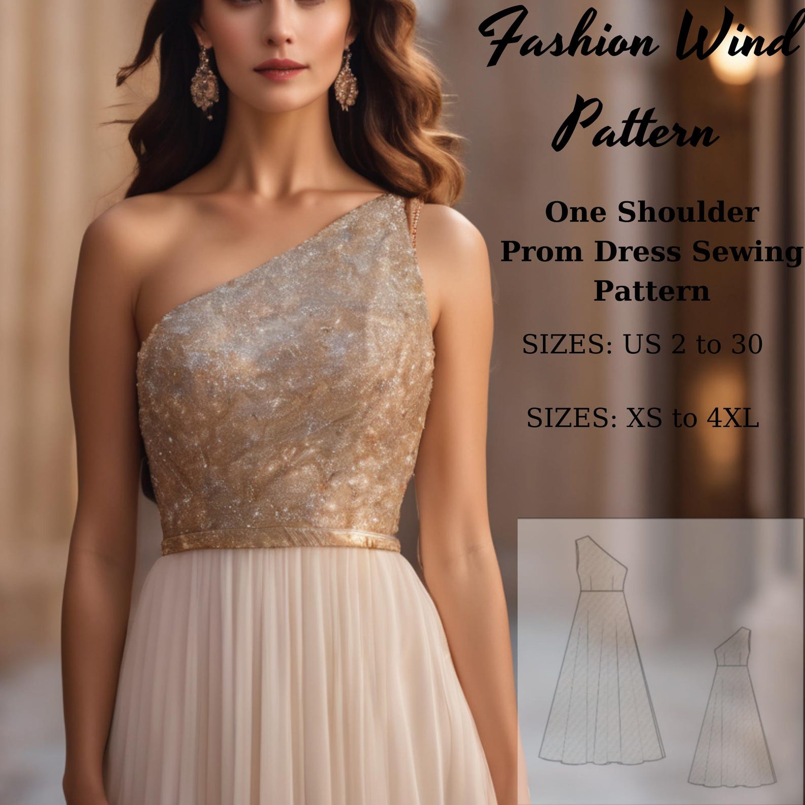 One Shoulder Prom Dress Sewing Pattern, One Shoulder Dress Sewing ...