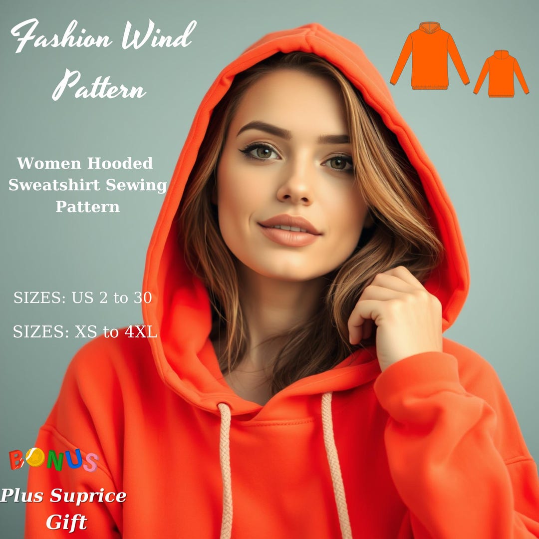 Women's Hooded Sweatshirt Sewing Pattern: US Size 2-30 (digital ...
