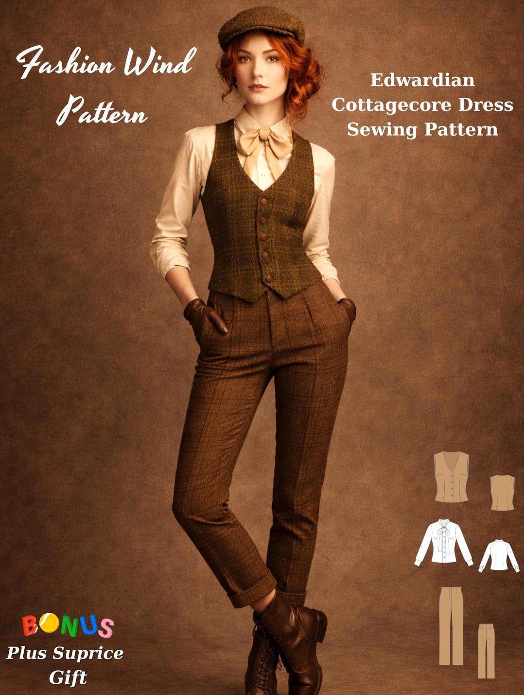 Edwardian Cottagecore Vest, Pants & Blouse,vintage Inspired Tweed Vest ...