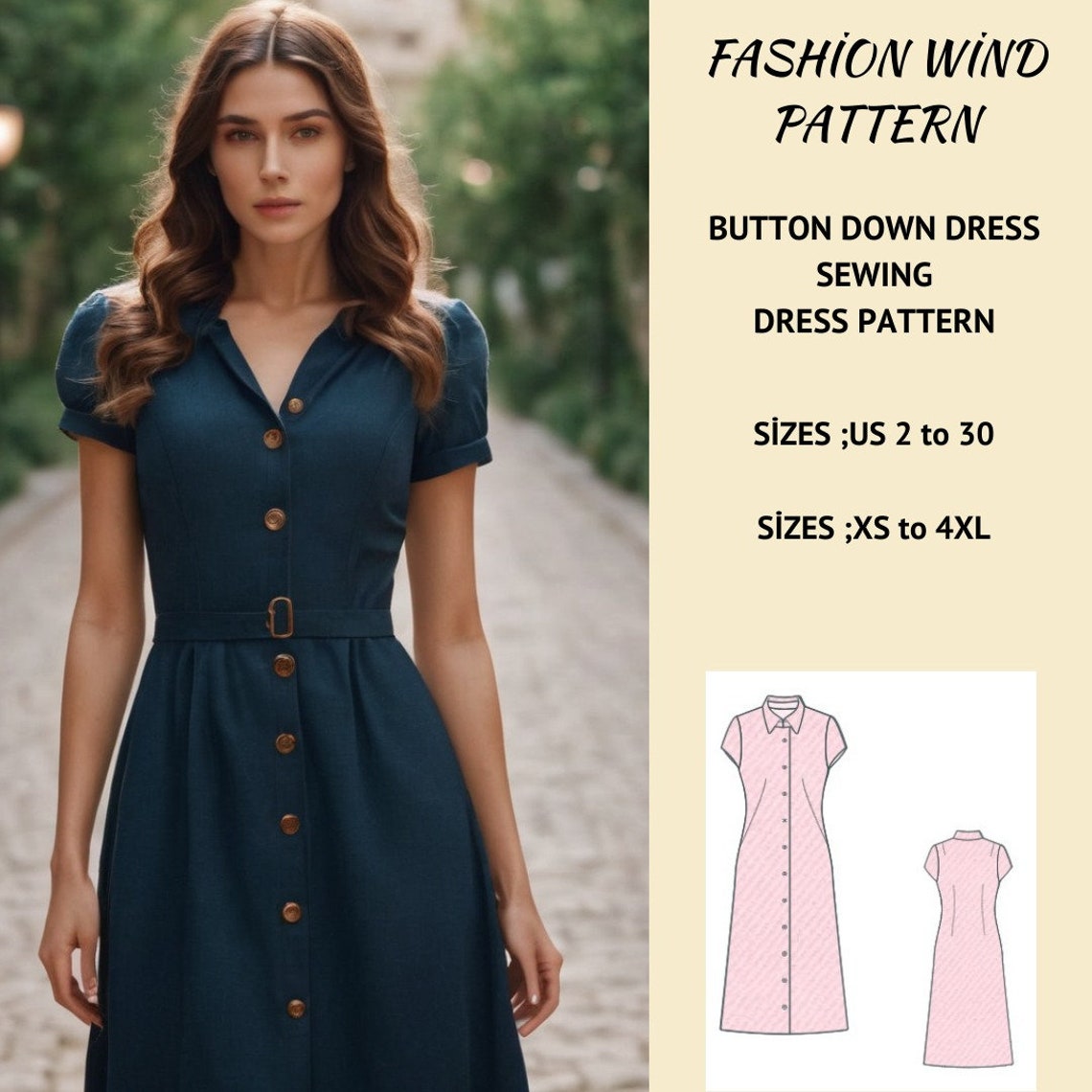 Button Down Dress Sewing Pattern, Cottagecore Dress Sewing Pattern ...