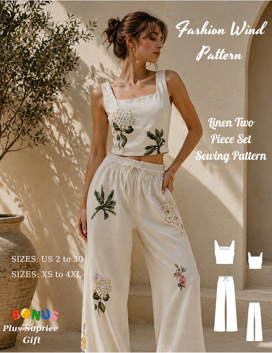 Linen Two Piece Set Sewing Pattern, Crop Top and Wide Leg Pants(digital ...