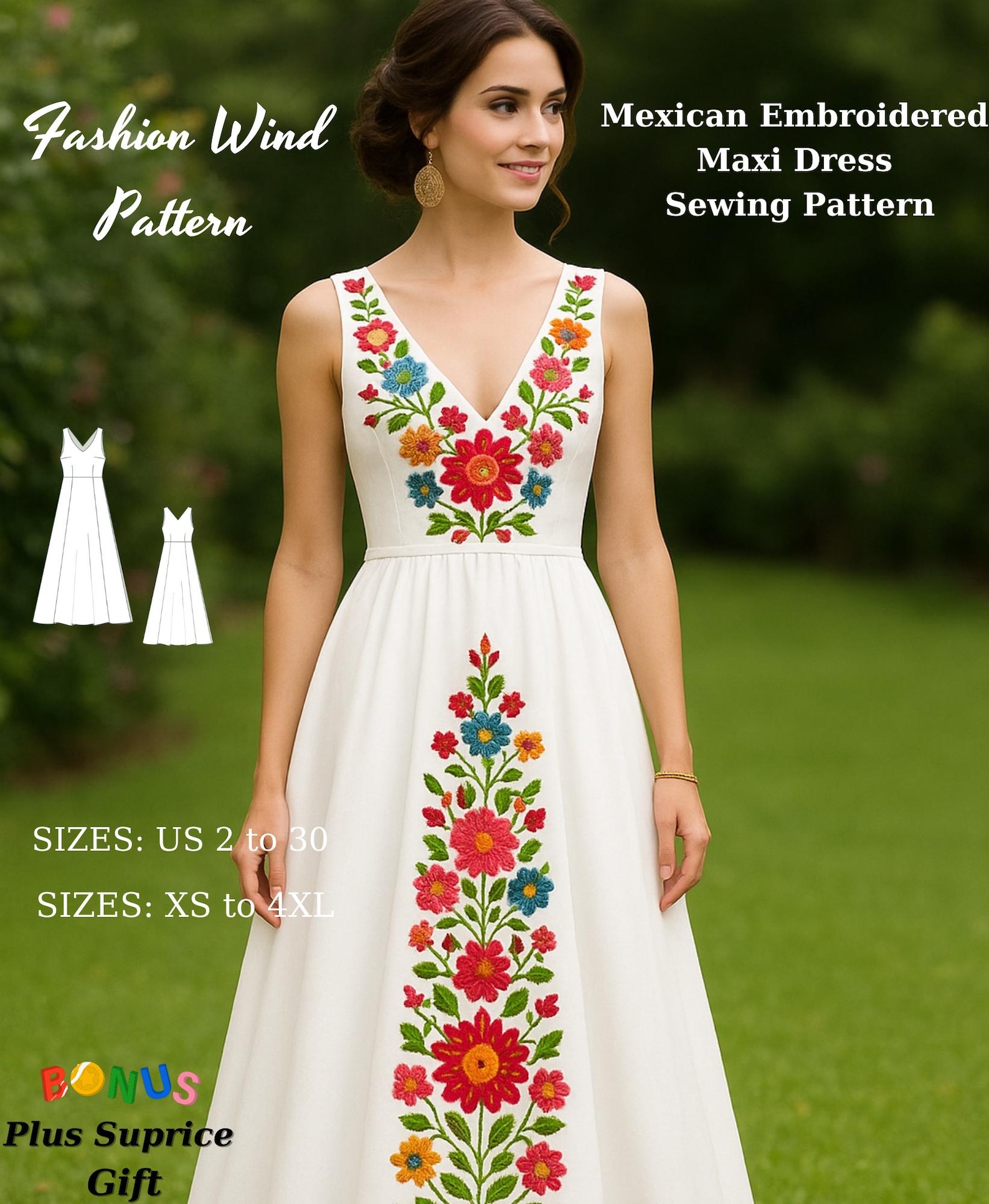 Embroidered Mexican Maxi Dress Sewing Pattern: Boho Floral Fiesta ...