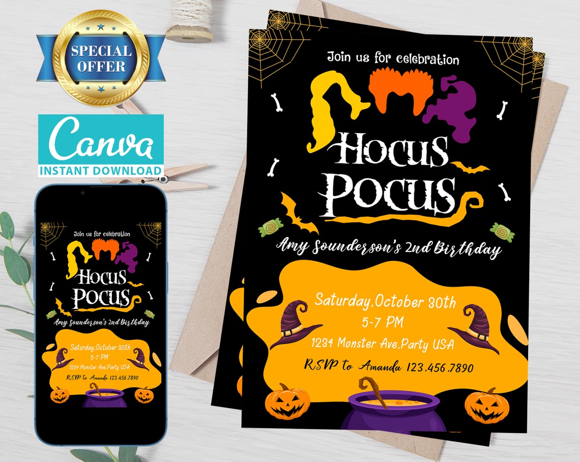Editable Hocus Pocus Birthday Invitation Template, Printable Birthday ...