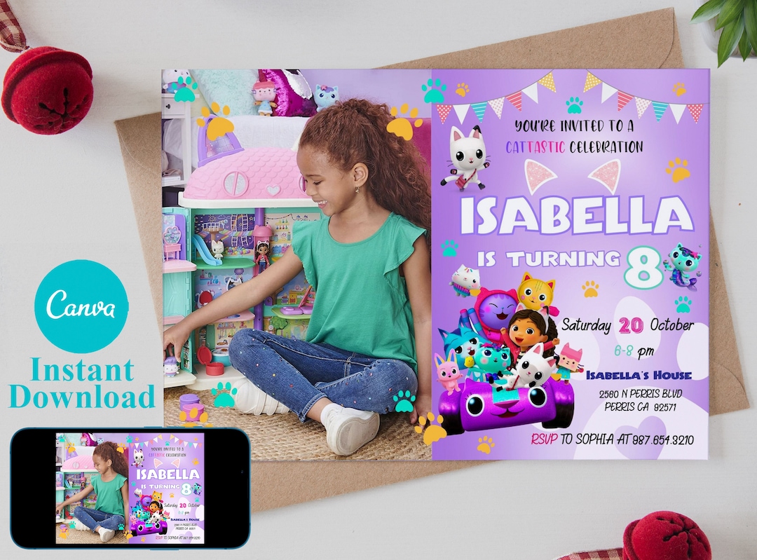Editable Photo Gabbys Dollhouse Birthday Invitation Template, Printable ...