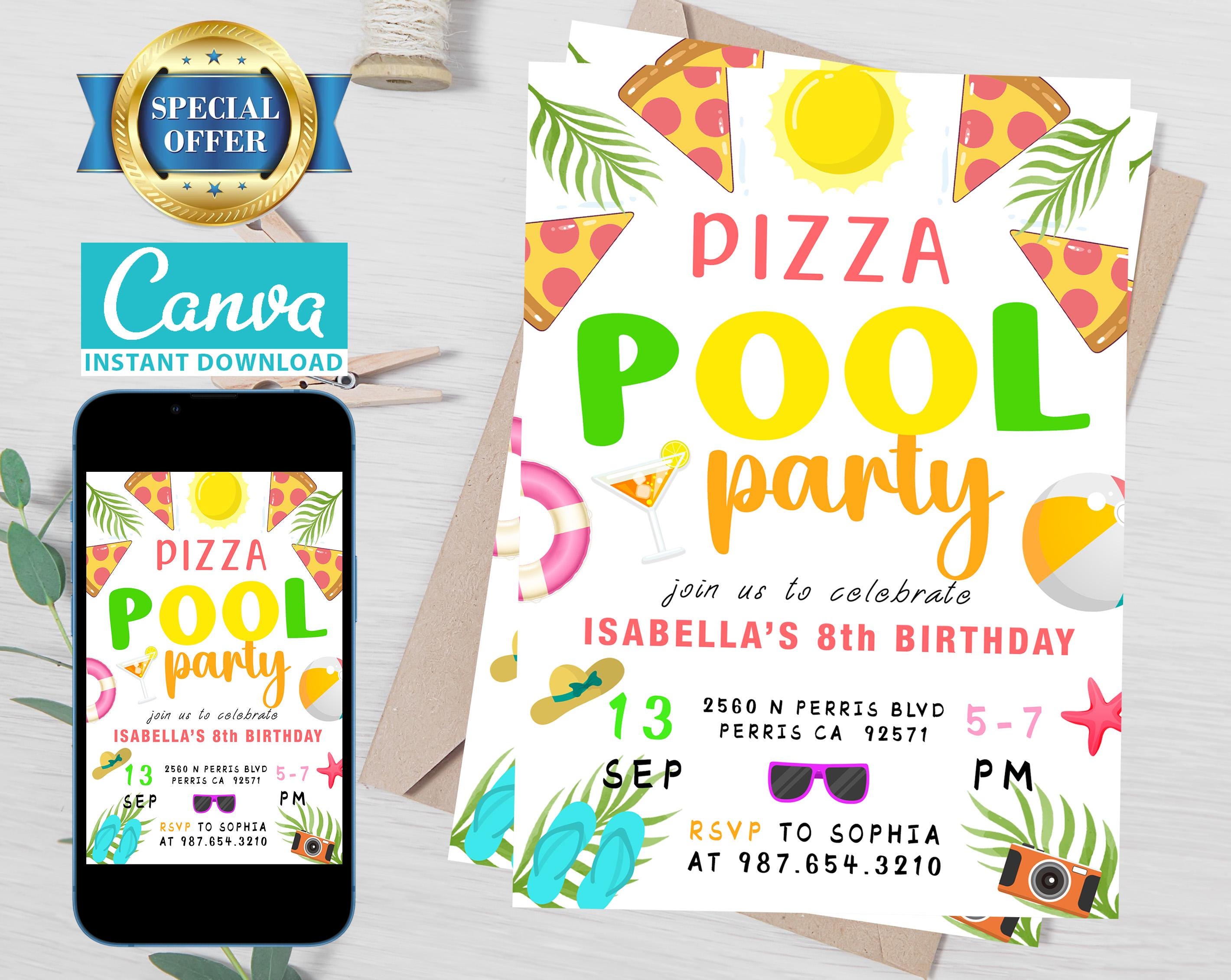 Editable Pizza Pool Party Birthday Invitation Template, Printable ...