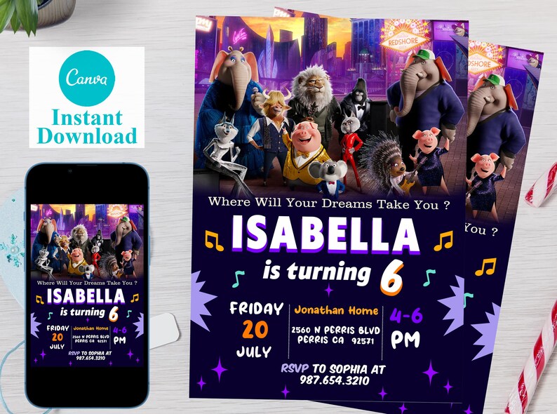 Editable Sing 2 Birthday Invitation Template, Printable Birthday Party ...