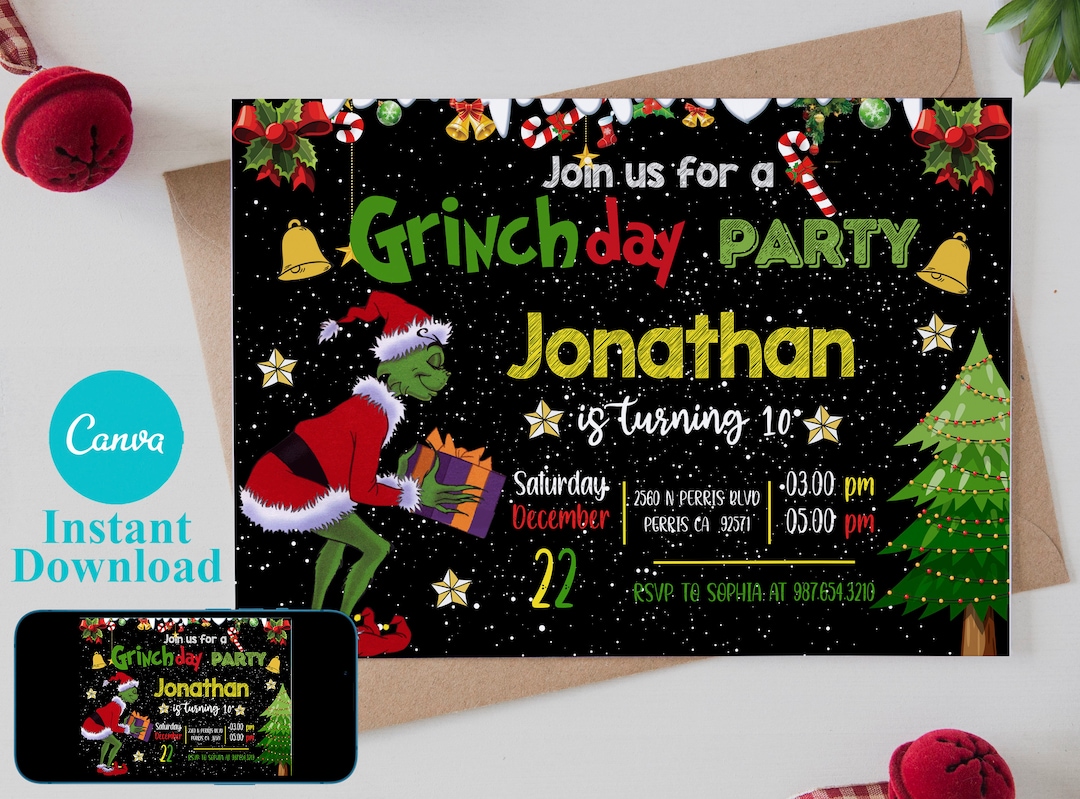 Editable the Grinch Party Birthday Invitation Template, Printable ...